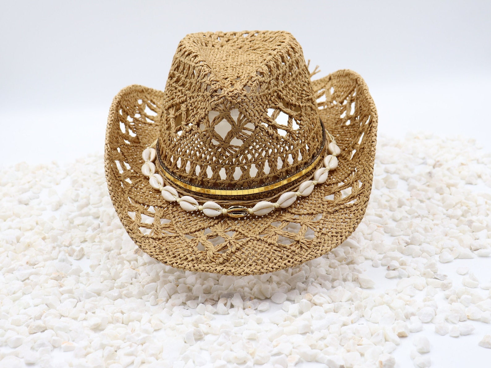 Gold and Seashells on Natural Cowboy Hat Golden Life Gold - Etsy