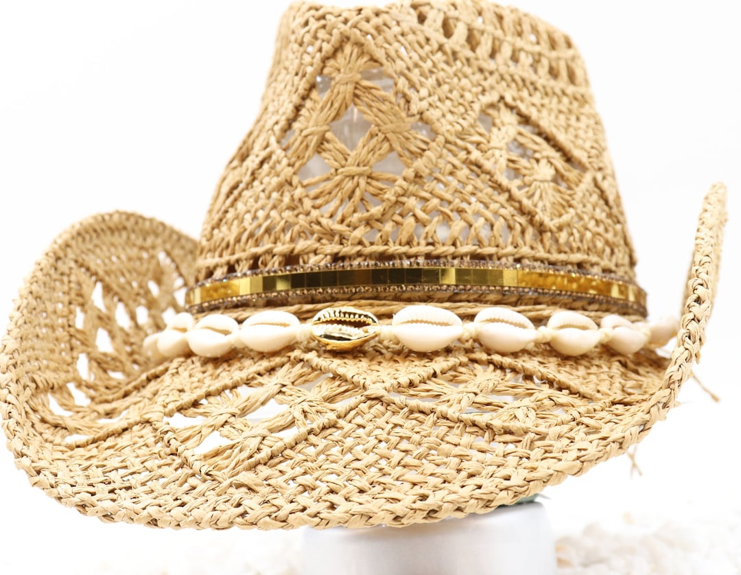 Gold and Seashells on Natural Cowboy Hat - Golden Life - Gold Mirror ...