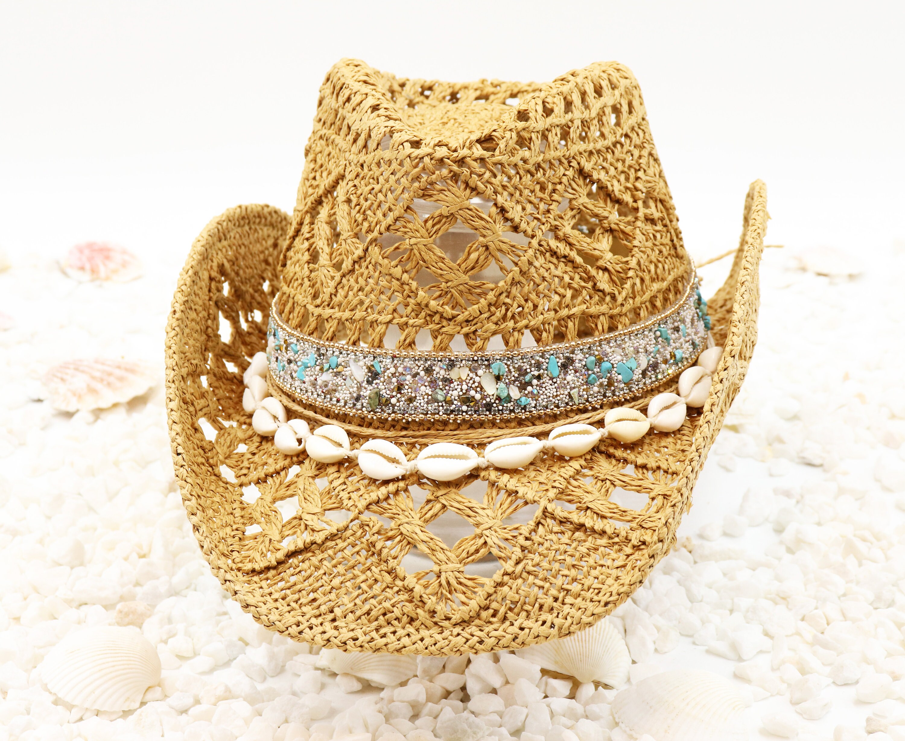 Sandy Golden Turquoise Beach Cowboy Hat Shell Band Gold and - Etsy