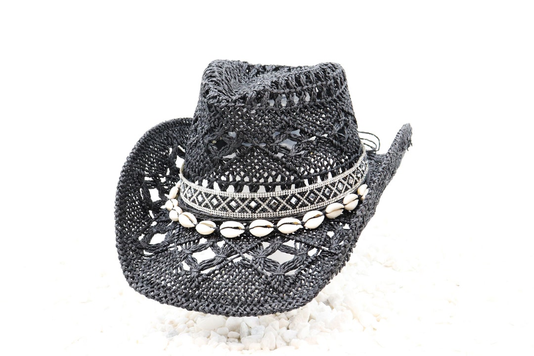 Onyx Black and Silver Aztec Band & Seashells on Natural Black Cowboy ...