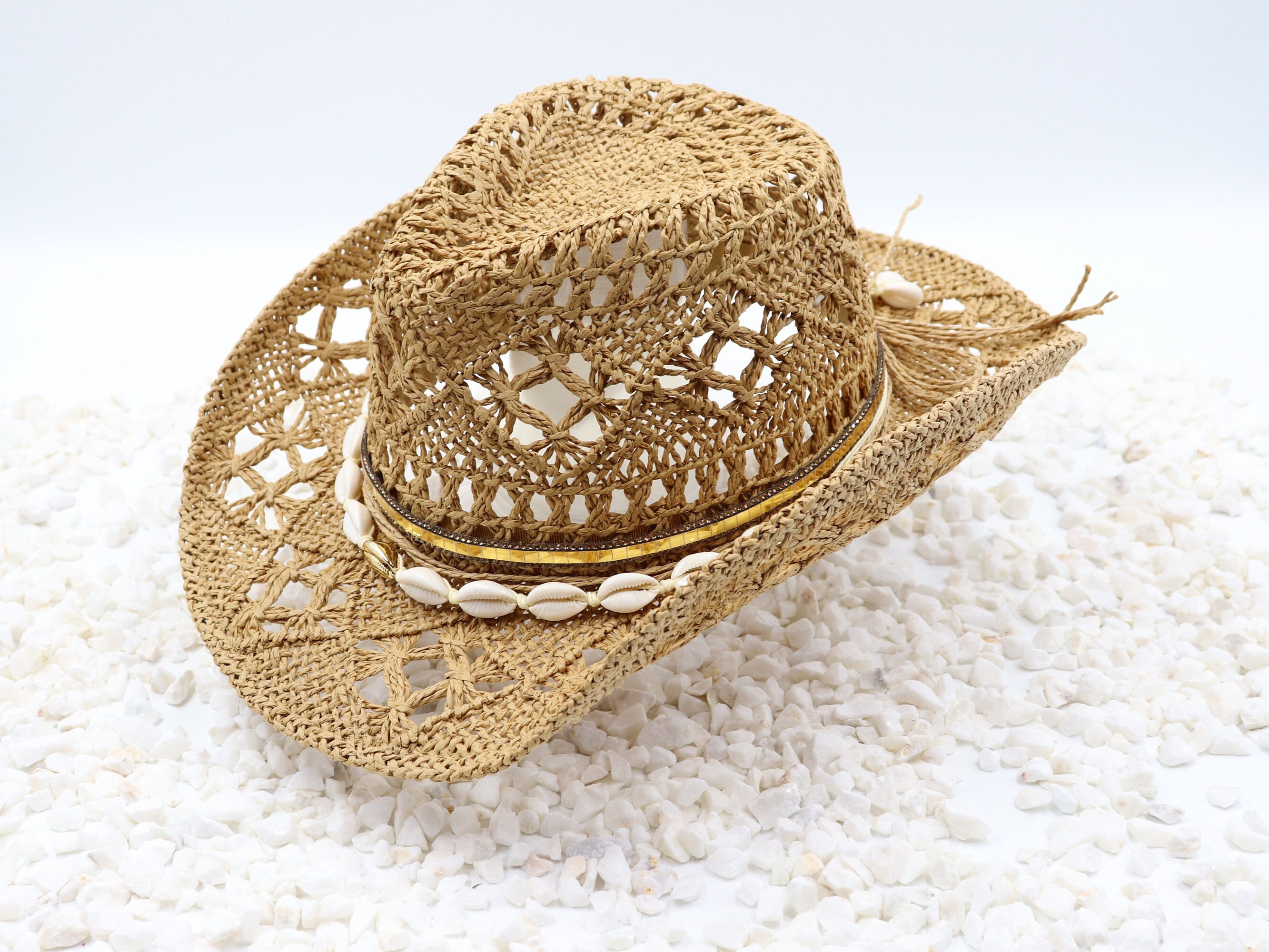 Gold and Seashells on Natural Cowboy Hat Golden Life Gold - Etsy