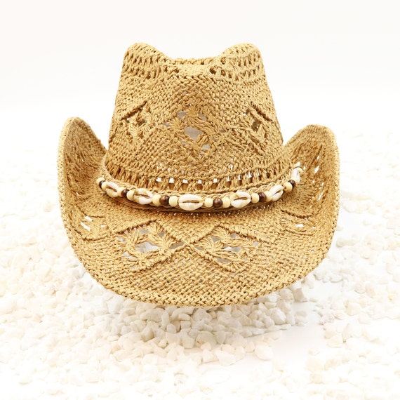 Braided Cowrie Shell Beach Cowboy Hat Natural Straw Hat - Etsy