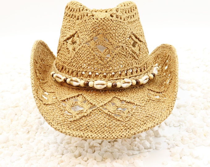 Braided Cowrie Shell Beach Cowboy Hat Natural Straw Hat - Etsy
