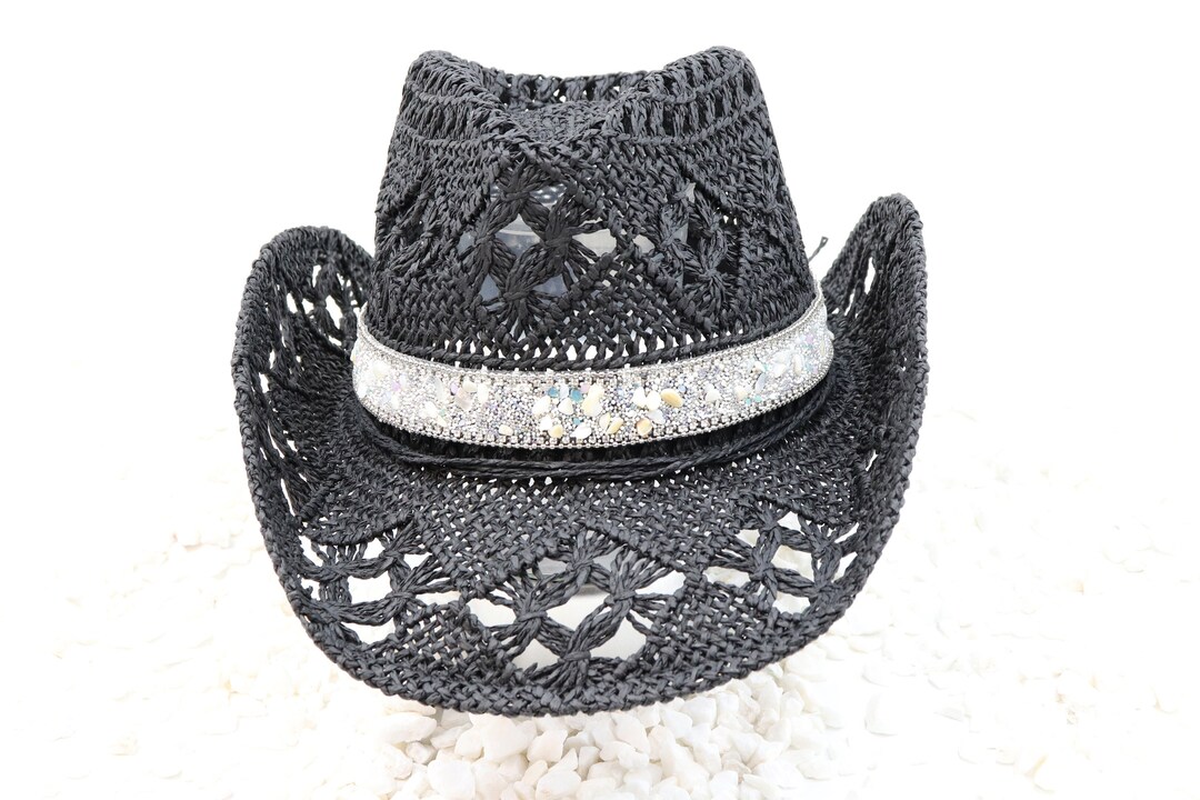 Geodes & Natural Stone Mix Band on Black Natural Straw Cowboy Hat White ...