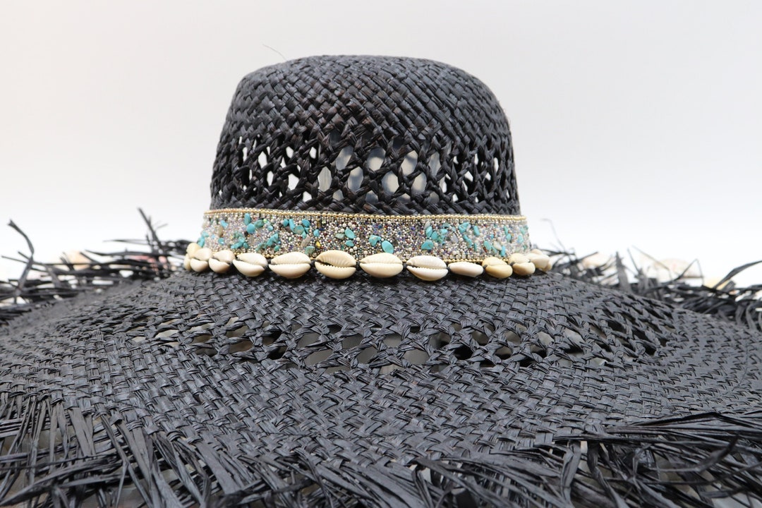 Sea Breeze Sun Hat - Large Fray Brim Straw Hat 21" - Black & Turquoise ...