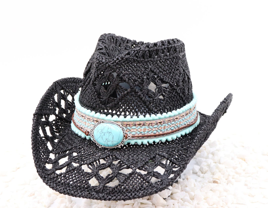 Stone Hats - Black Cowboy Hat & Natural Turquoise Stone Encased in ...