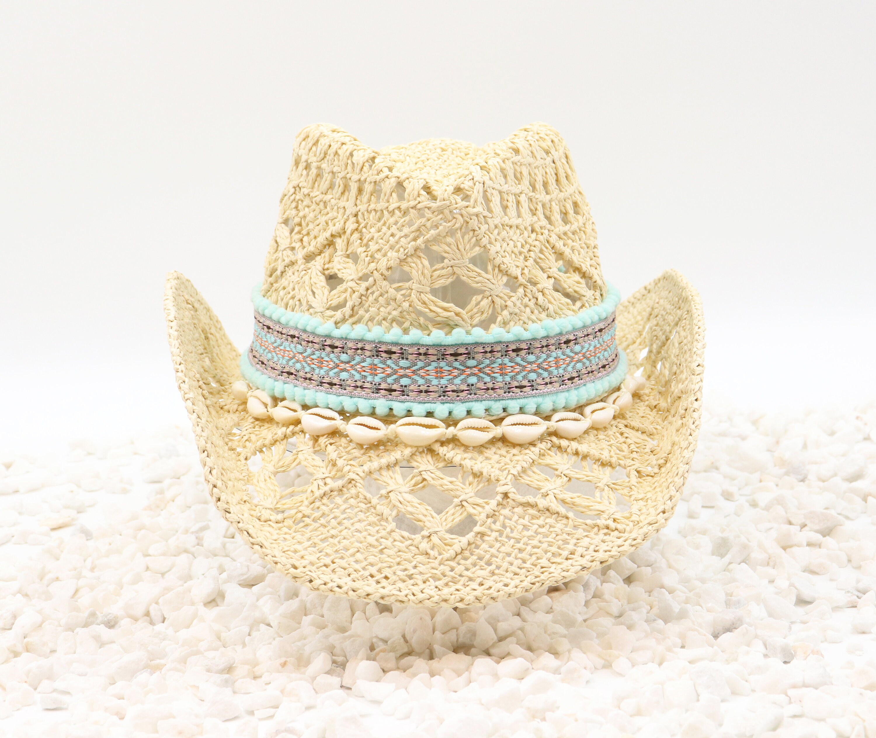 Southwestern Aqua Tribal Band With Cowrie Shells on Natural Straw Paper ...