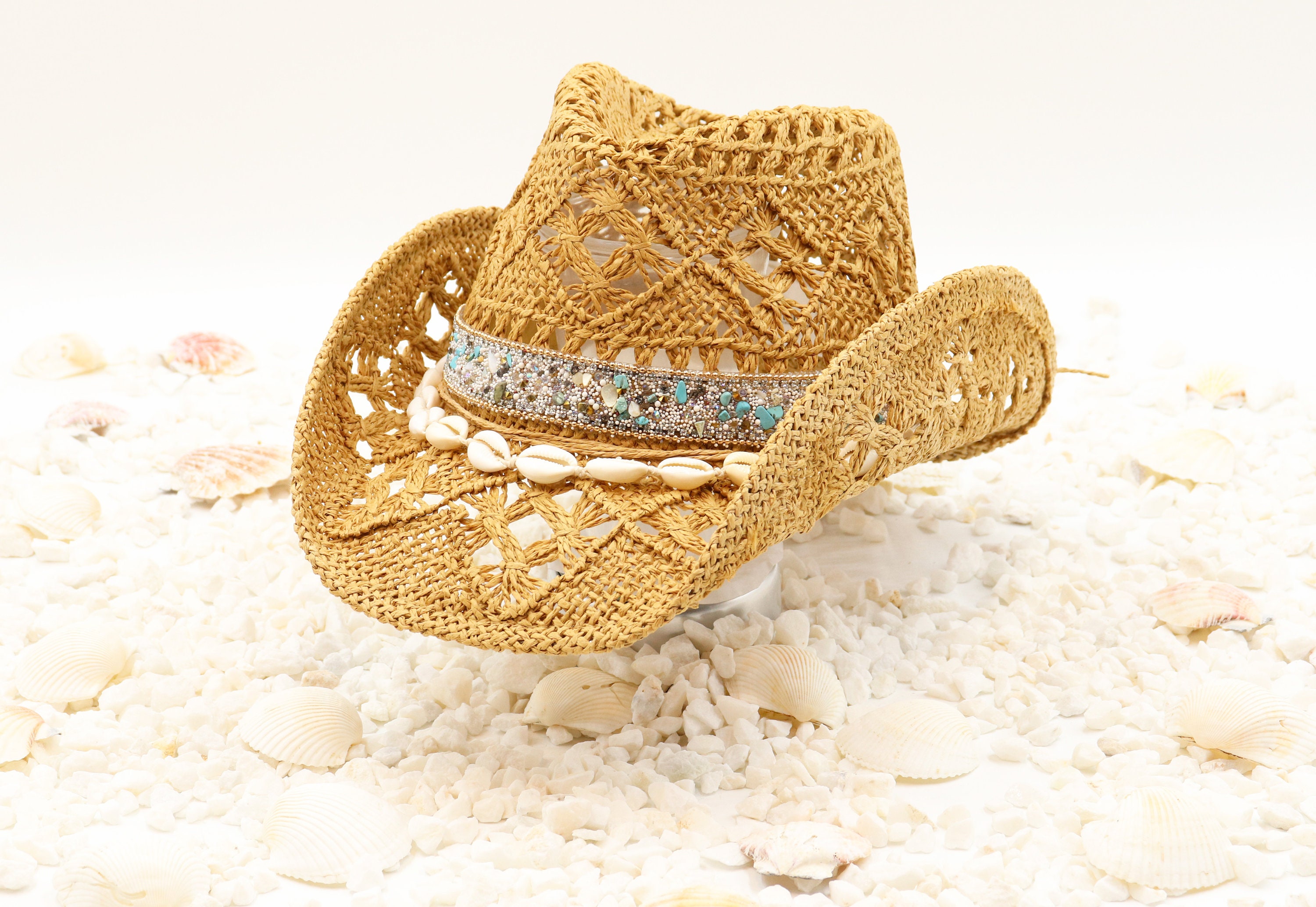 Sandy Golden Turquoise Beach Cowboy Hat Shell Band Gold and - Etsy
