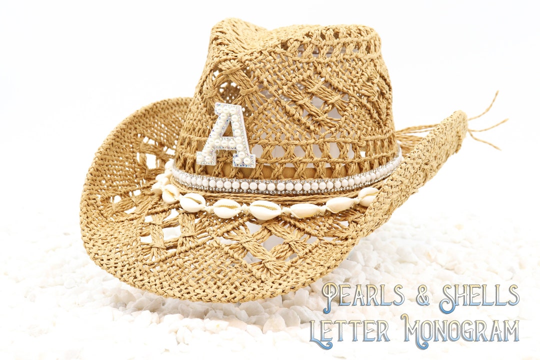 Pearls and Shells Letter Monogram Hat Customize Your Own Initial on Natural Cowboy Hat ...