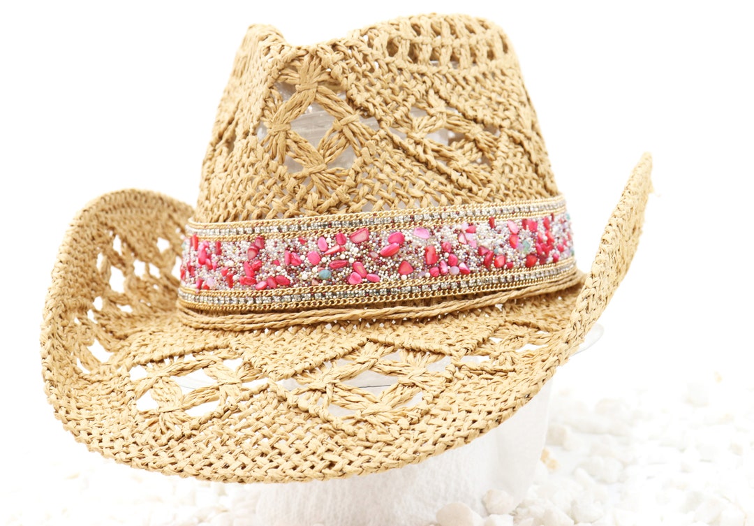 Geodes Ruby Red Natural Stone Mix Band on Natural Straw Cowboy Hat ...