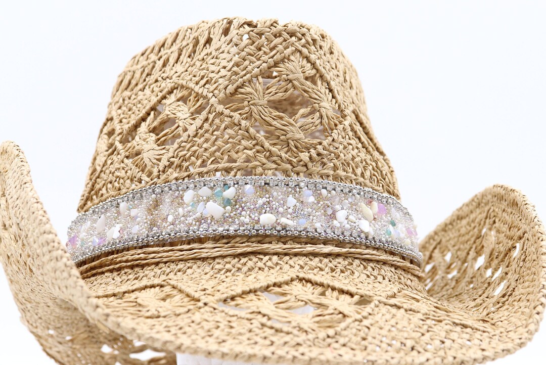 Geodes & Natural Stone Mix Band on Natural Straw Cowboy Hat - White ...