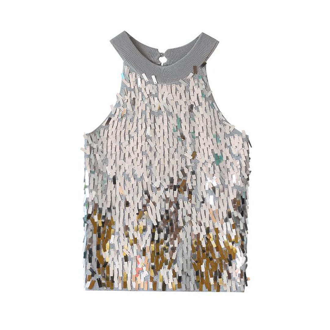 Bling Sequin Halter Neck Crop Top - Silver, White, Black - Women's Glam ...