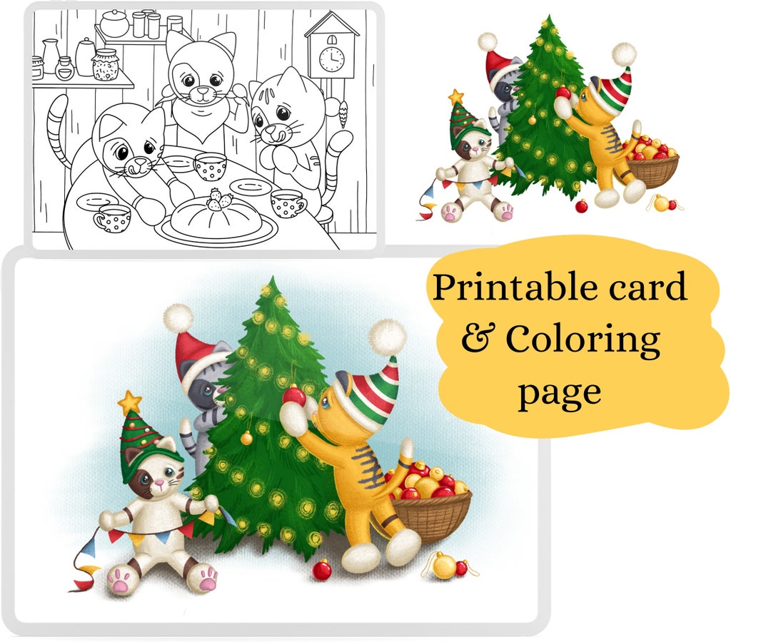 Printable Card Christmas Kitten and Coloring Page for Cat Lovers, Cute ...