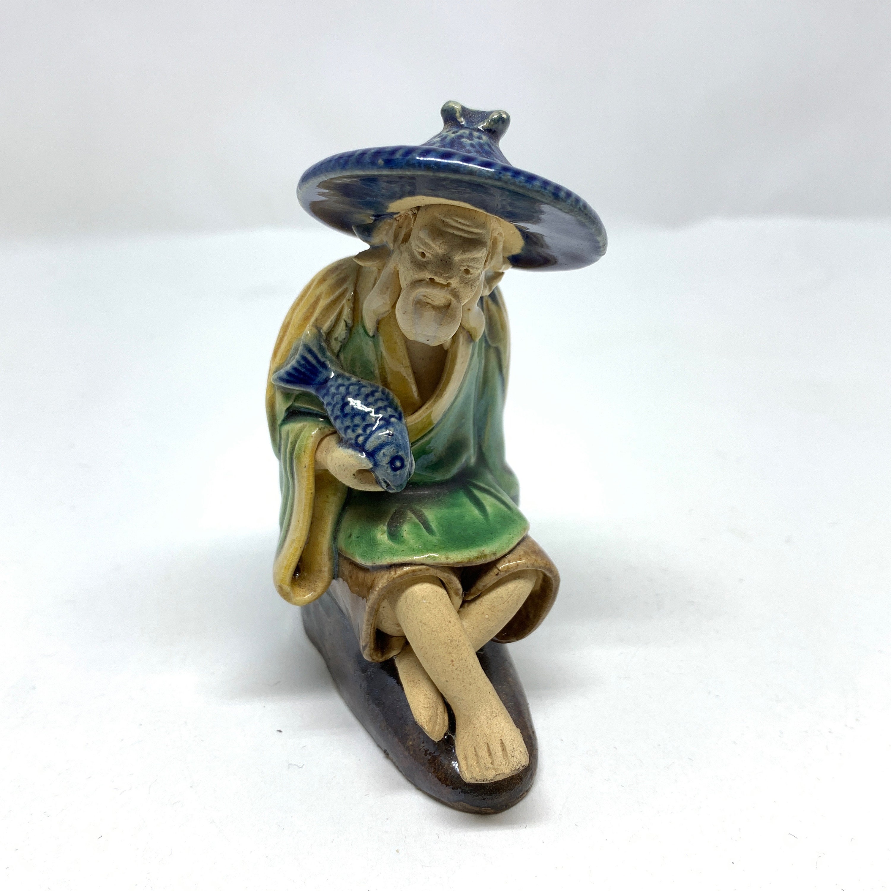 Antique Hand Painted Shekwan Chinese Mudman Fisherman Figurine Clay ...