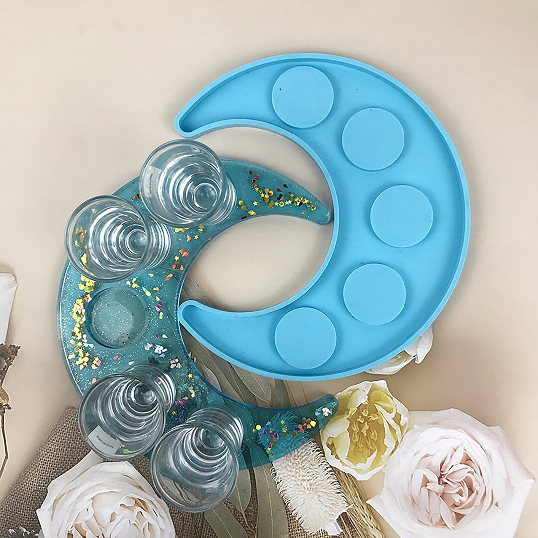 Moon Shaped Shot Glass Server Tray Mold, 5 Slots Shot Glass Holder Tray ...
