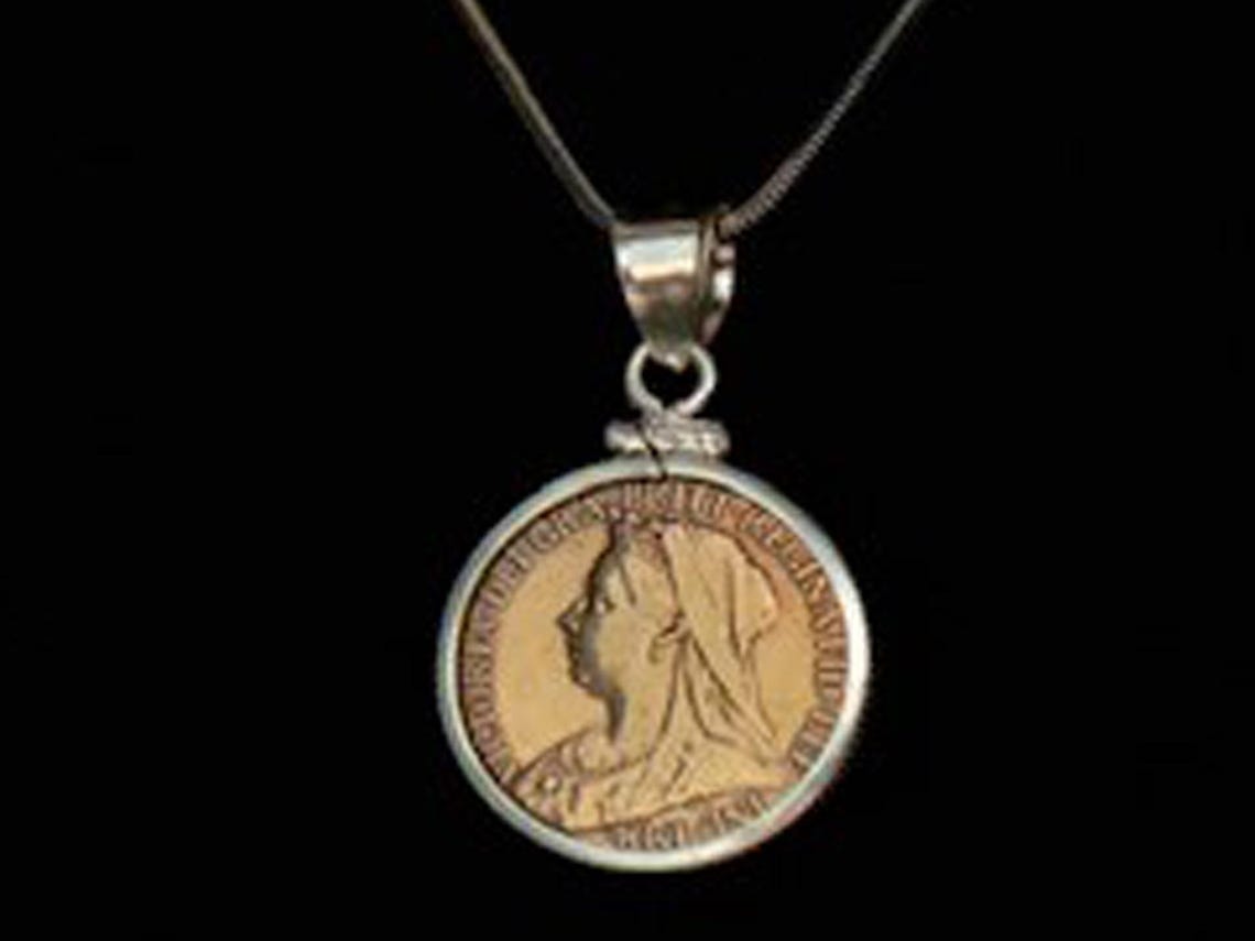 Great Britian 1896 Farthing Copper Coin .863 Inbezel Sterling Silver ...