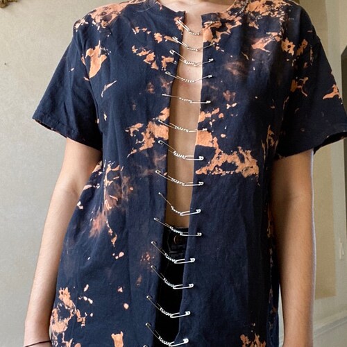 Acid Wash Tee With Chains and Safety Pins Down the Middle | Etsy