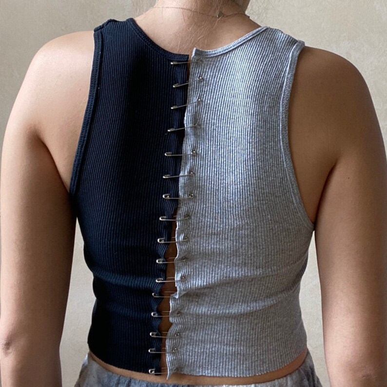 Reworked Two Toned Black and Gray Crop Tank With Chains and Safety Pins ...