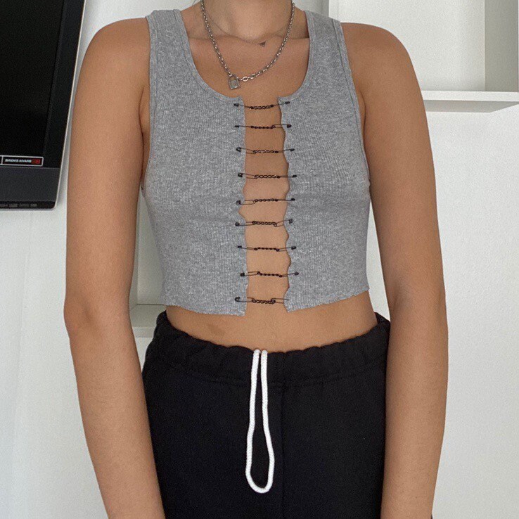 Reworked Gray Tank Top With Black Chains and Safety Pins - Etsy