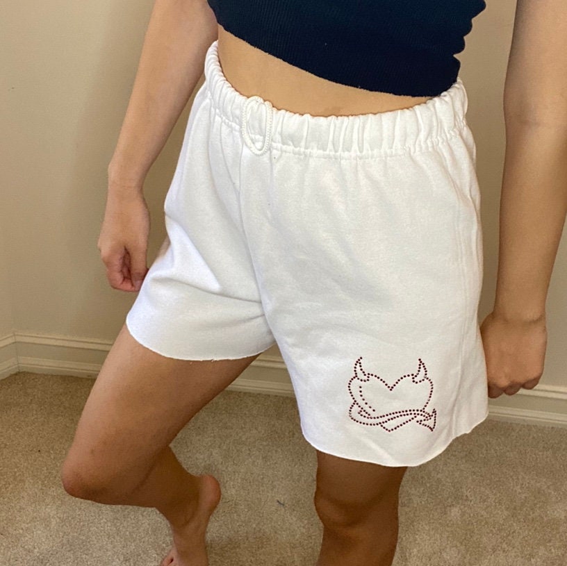 Handmade White Sweat Shorts With Red Rhinestone Devil Heart - Etsy