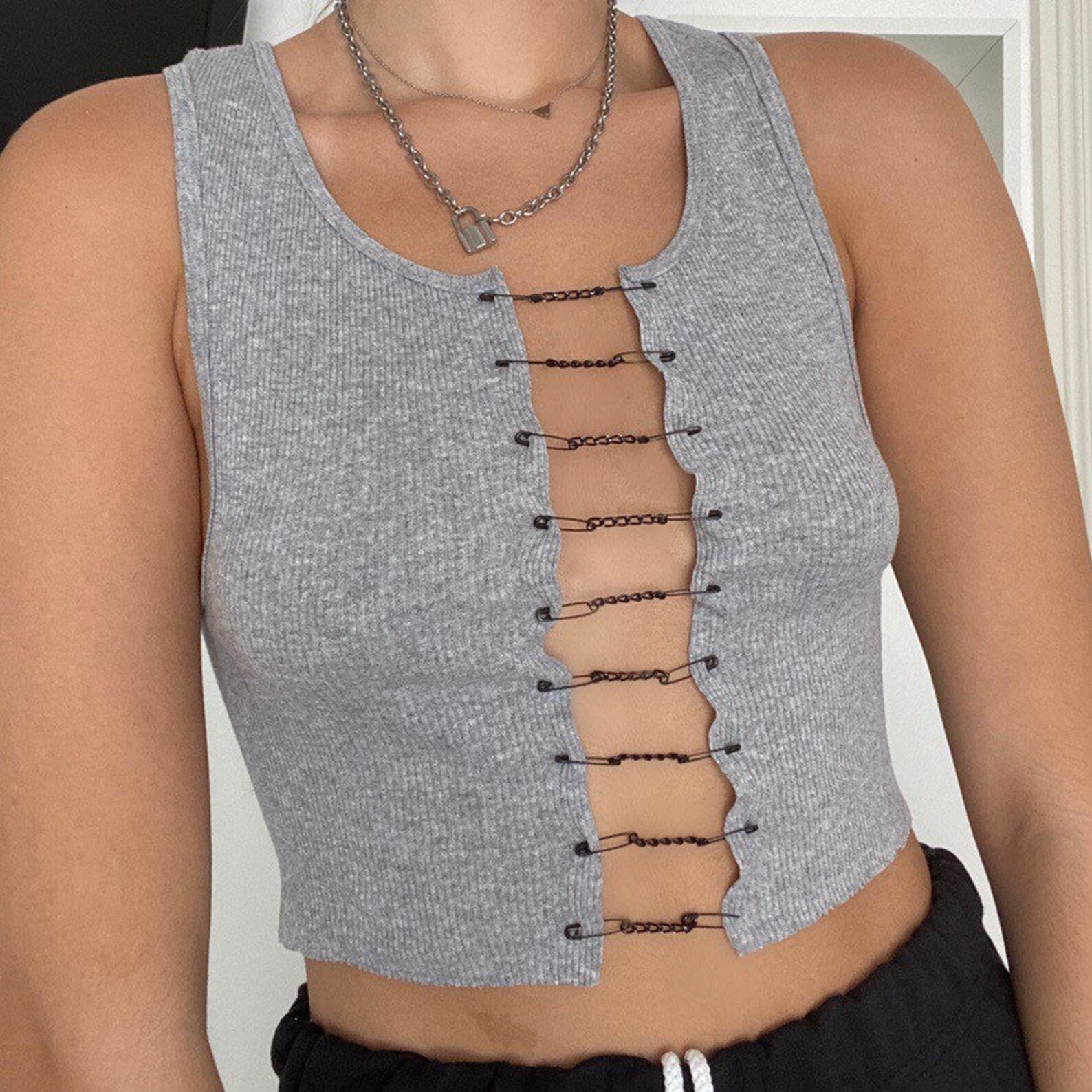 Reworked gray tank top with black chains and safety pins | Etsy