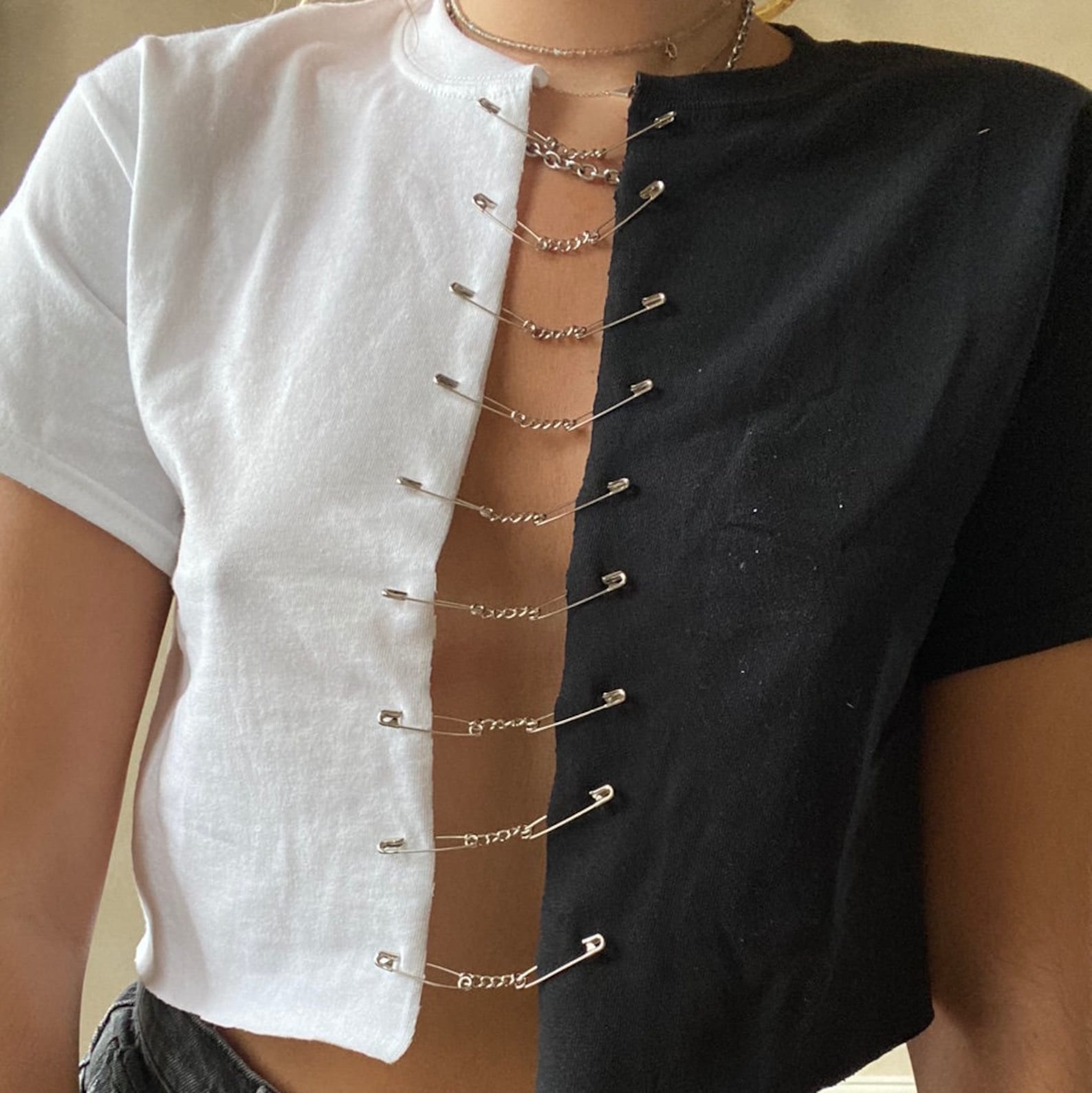 Reworked Two Toned Black and White Crop Top With Chains and Safety Pins ...