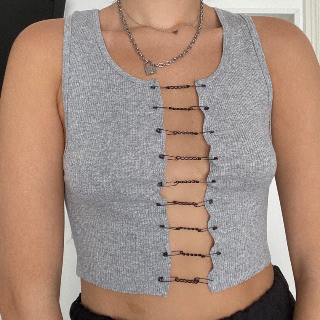 Reworked Gray Tank Top With Black Chains and Safety Pins - Etsy