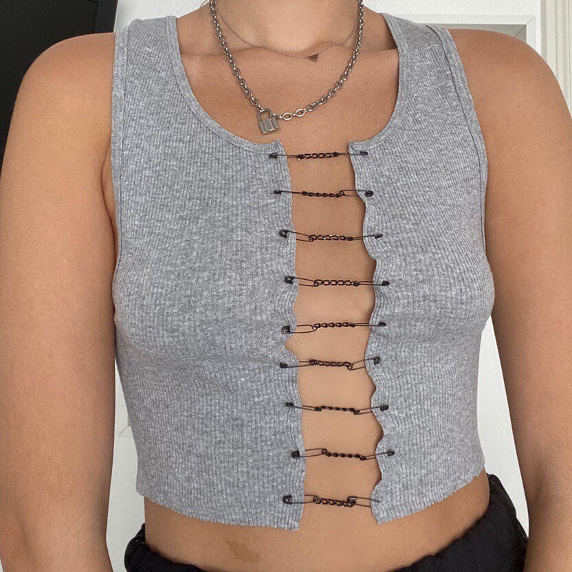 Reworked Gray Tank Top With Black Chains and Safety Pins - Etsy