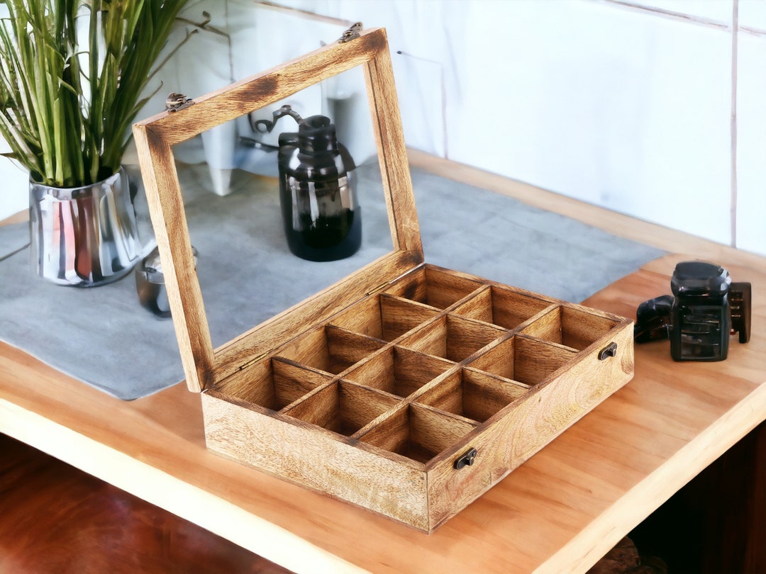 Wooden Spice 12 Compartment Box-kitchen Spice Box With Glass Top masala ...