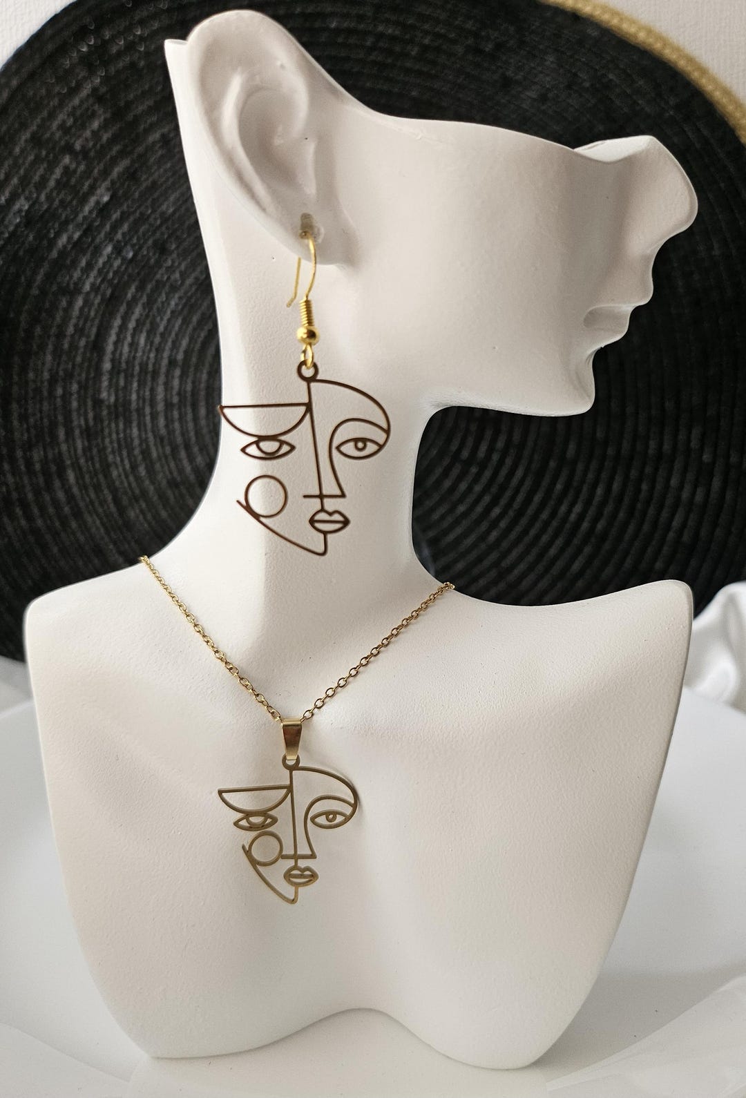 Necklace + Earrings Set - Abstract Face Portrait - Gold Stainless Steel ...