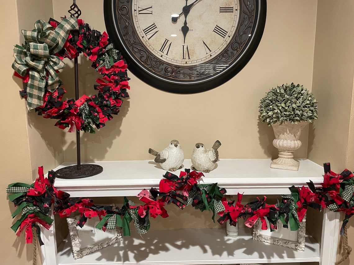 Cherry Themed Rag Wreath W/large Green Plaid Bow - Etsy