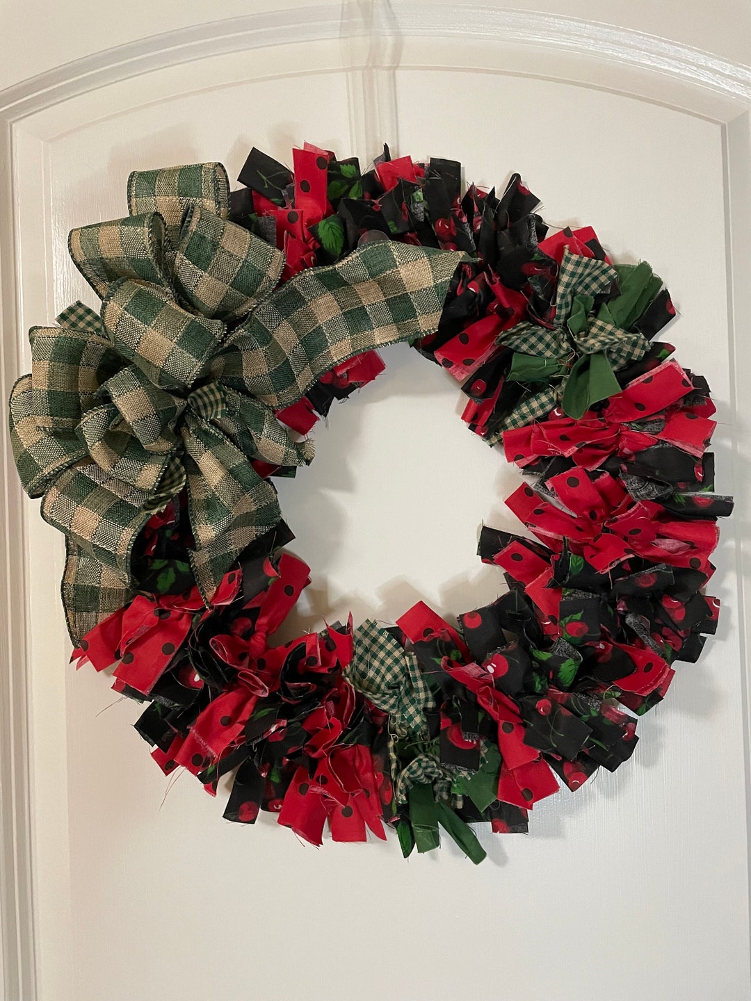 Cherry Themed Rag Wreath W/large Green Plaid Bow - Etsy