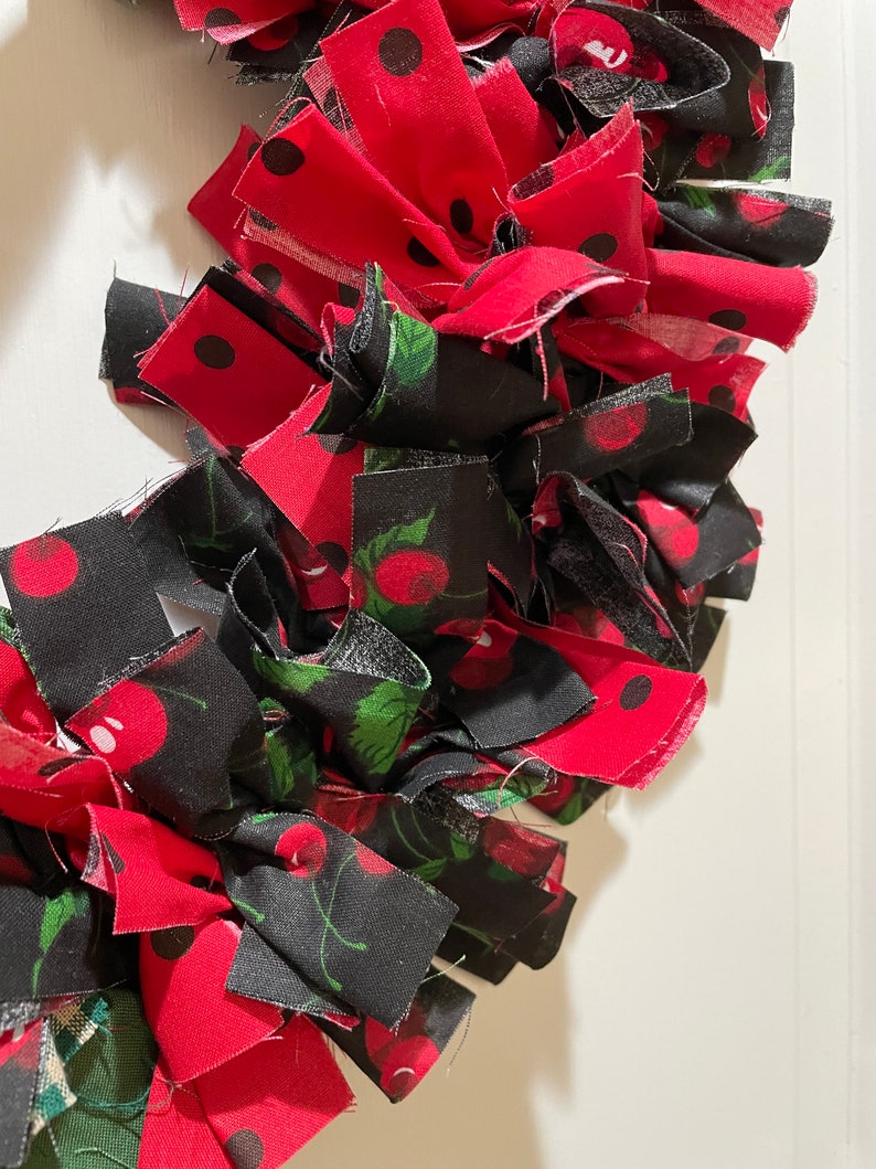 Cherry Themed Rag Wreath W/large Green Plaid Bow - Etsy