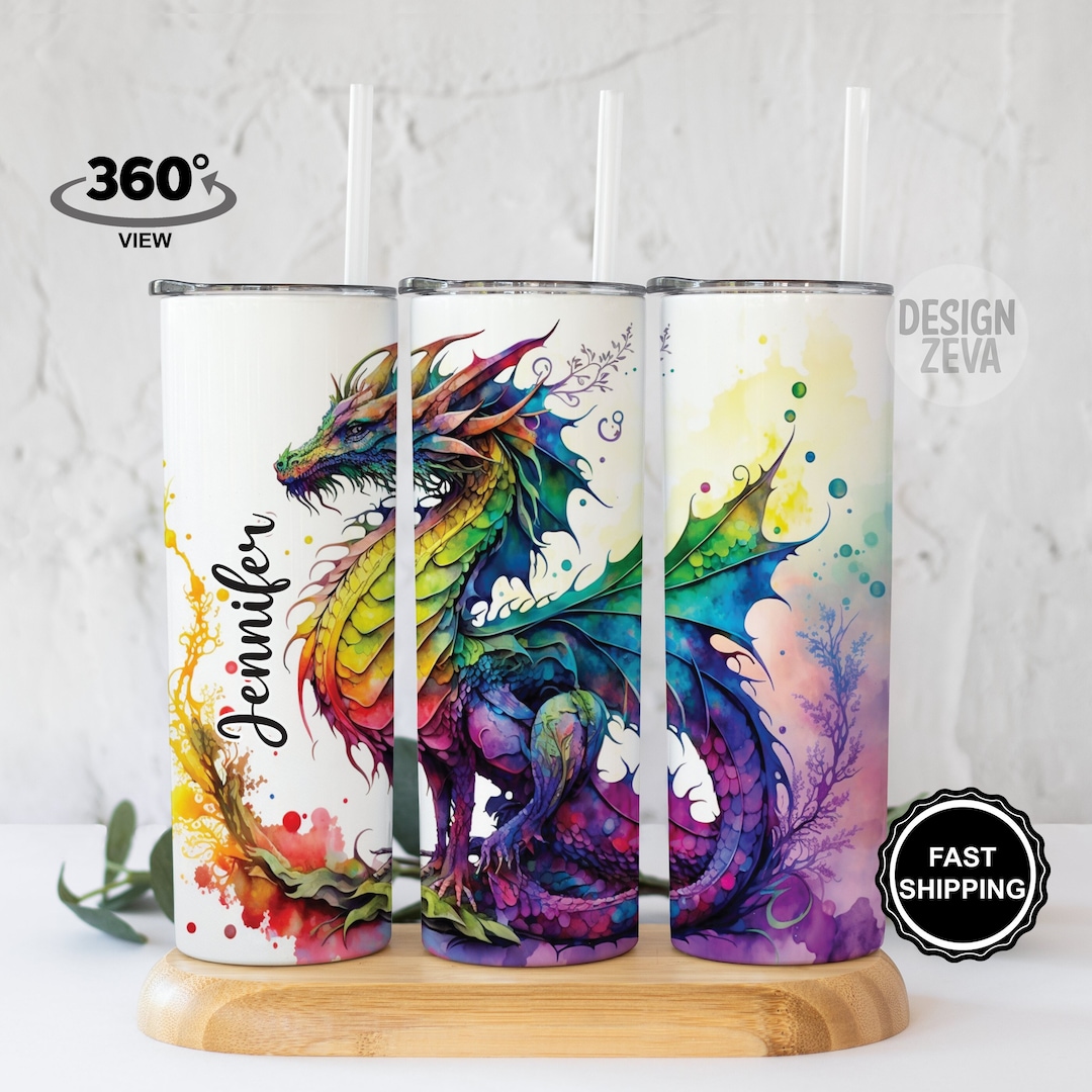 Colorful Dragon Personalized Tumbler Cup With Straw, Dragon Custom Tumbler With Name, Dragon ...