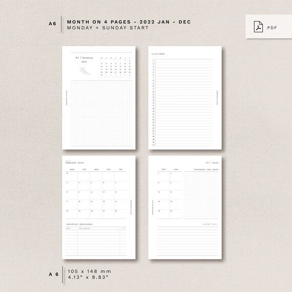 Calendars & Planners Monday printable insert minimal design Sunday ...