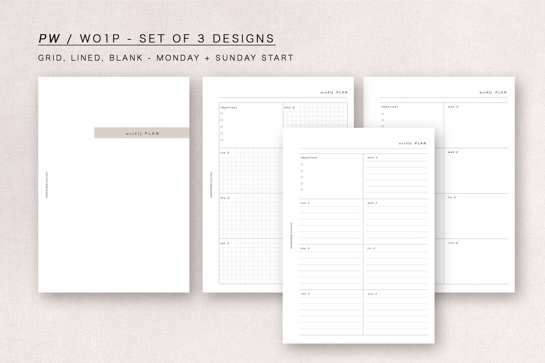PW - WO1P - Week on One Page - Monday + Sunday Start - Minimal Design ...