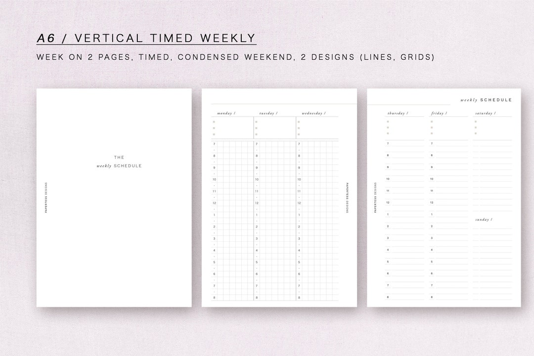 A6 - Vertical Timed Weekly - Week on 2 Pages, Minimal Design, Printable ...