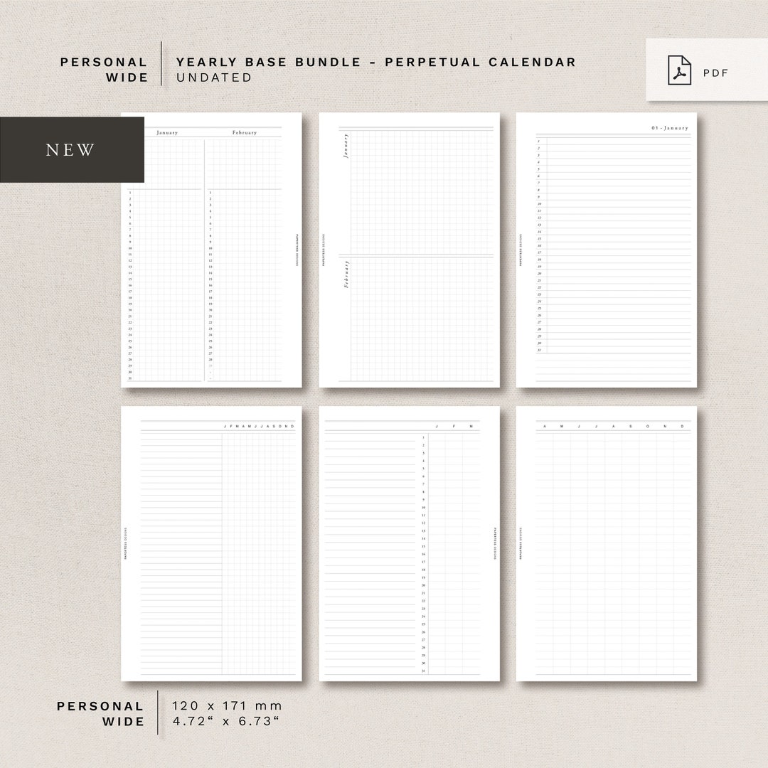 PW - Yearly BASE Bundle - Perpetual Calendar - Undated, Minimal Design ...