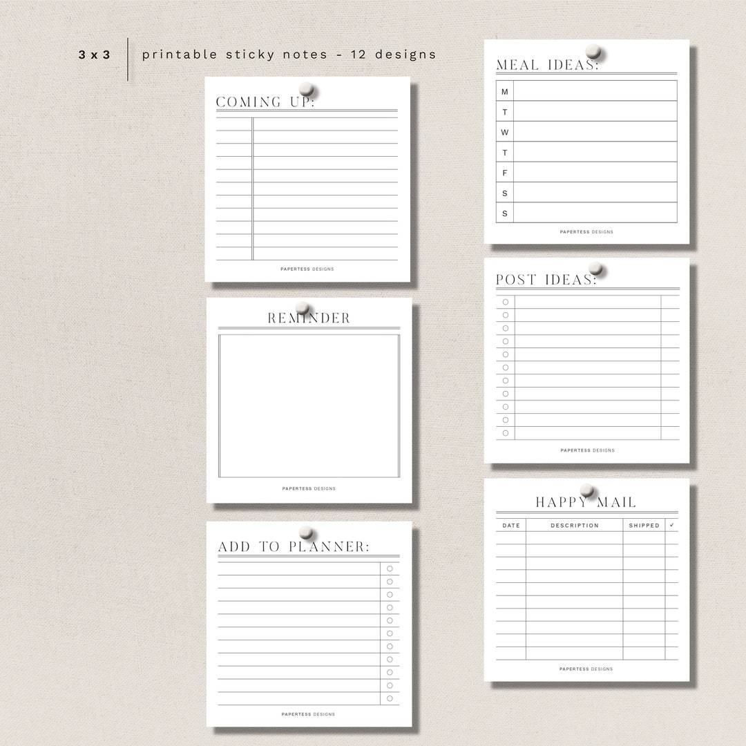 STICKY NOTES - 12 Minimal + Functional Designs - 3" X 3" - Printable ...