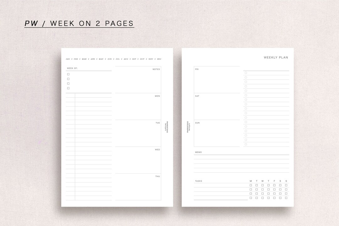 Personal Wide - WO2P - Week on 2 Pages, Minimal Design, Printable ...