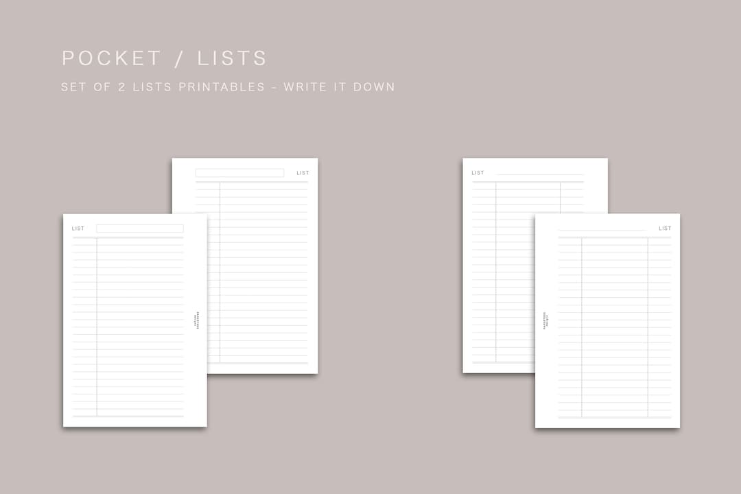 POCKET - LISTS - 2 Sets of Minimal LISTS Designs, Printable Inserts - Etsy