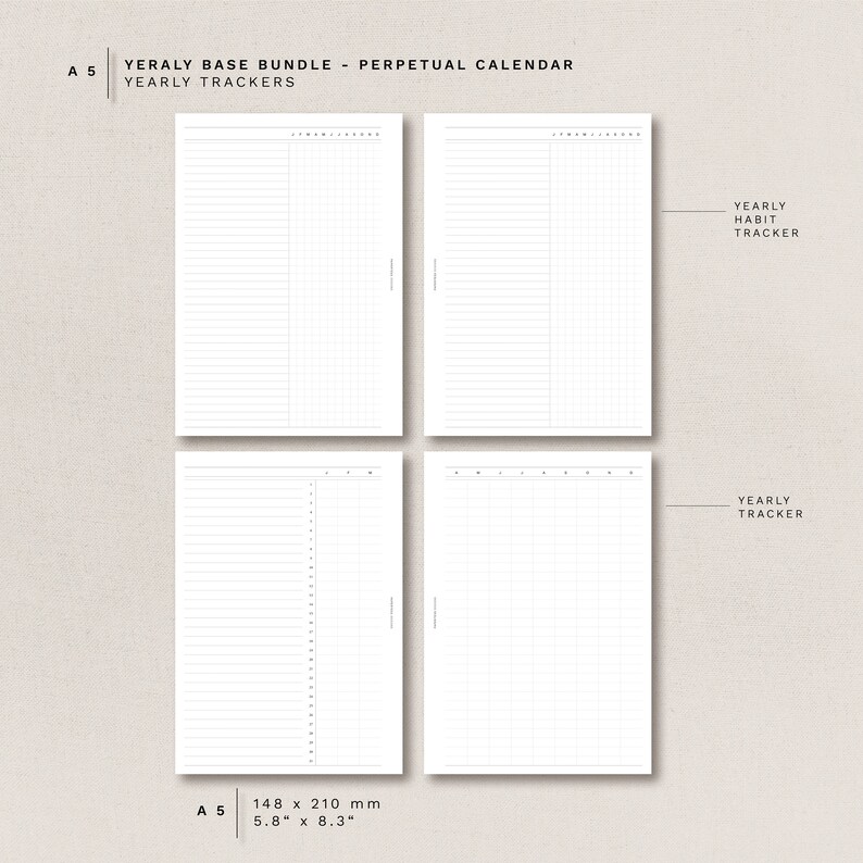 A5 - Yearly BASE Bundle - Perpetual Calendar - Undated - Minimal Design ...