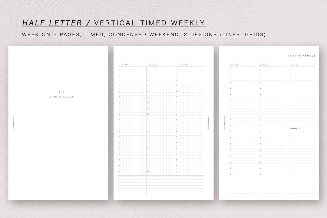 HALF LETTER - Vertical Timed Weekly - Week on 2 Pages, Minimal Design ...