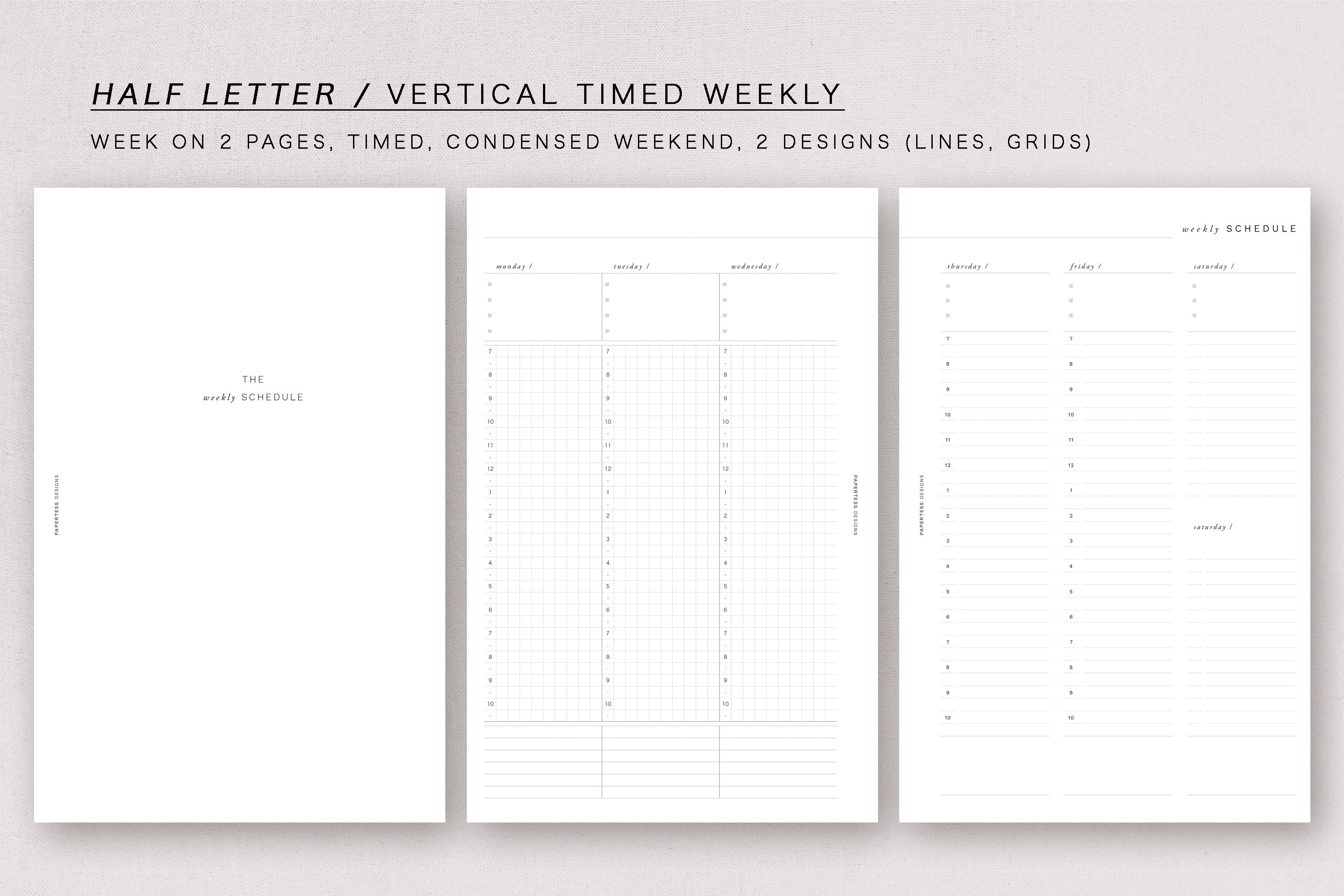 HALF LETTER Vertical Timed Weekly Week on 2 Pages Minimal - Etsy