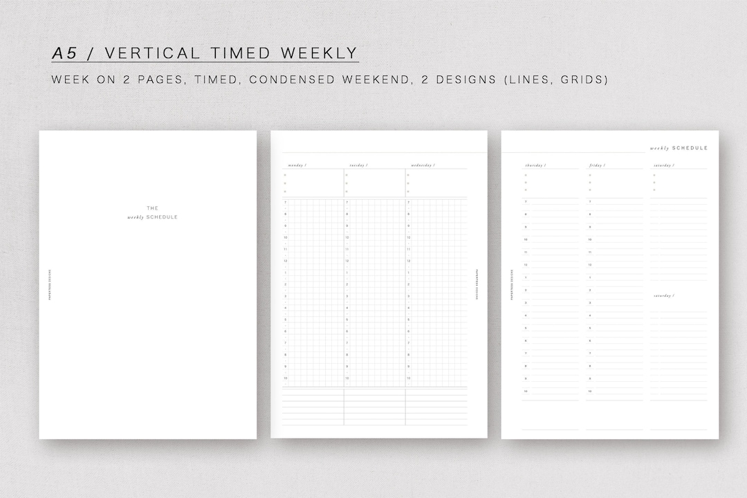 A5 - Vertical Timed Weekly - Week on 2 Pages, Minimal Design, Printable ...
