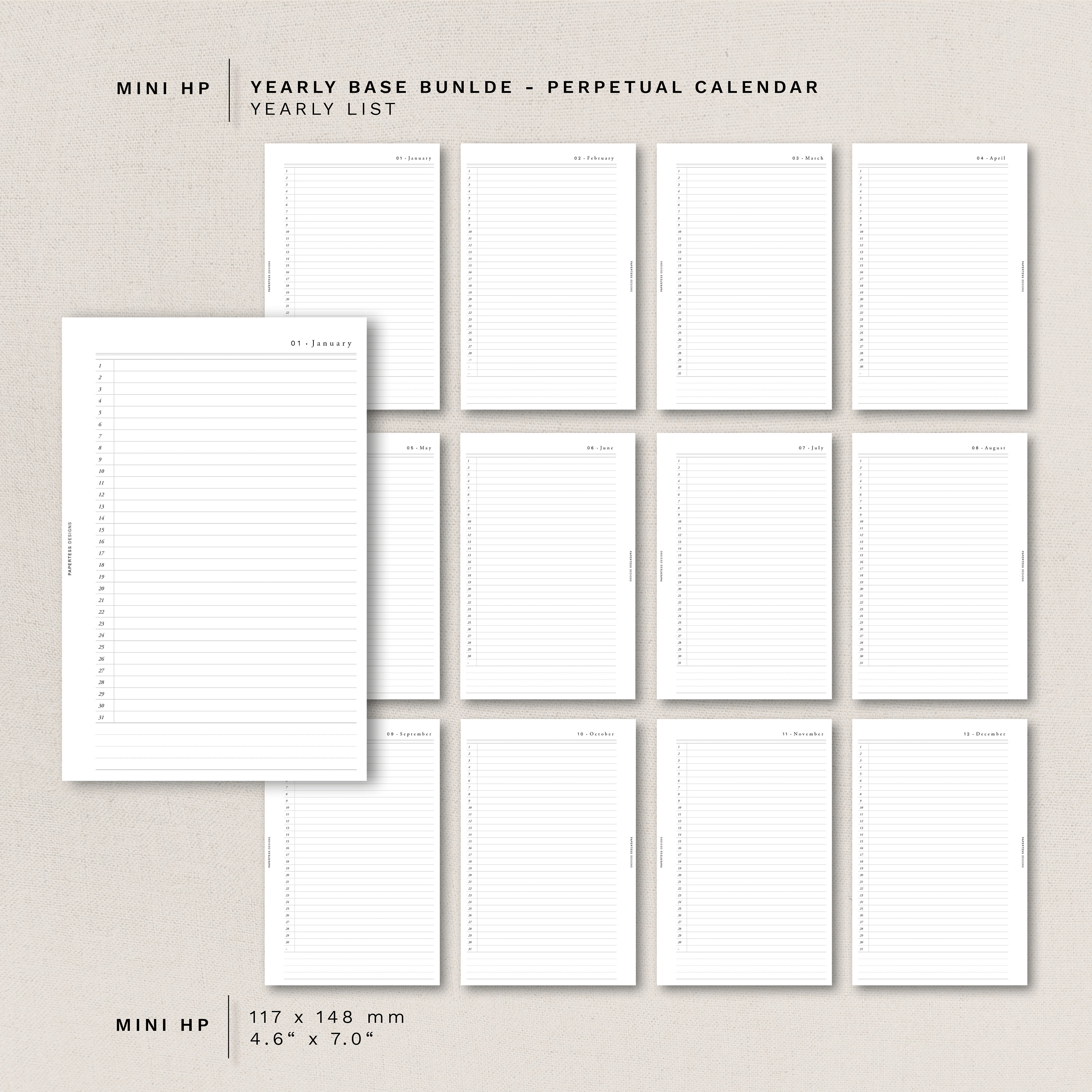 Mini HP - Yearly BASE Bundle - Perpetual Calendar - Undated, Minimal ...