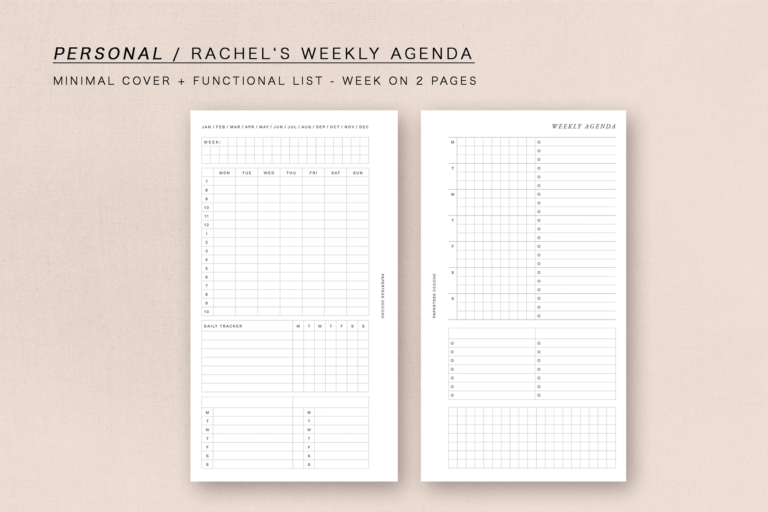 PERSONAL - Rachel's Weekly Agenda - Week on 2 Pages, Minimal Design ...