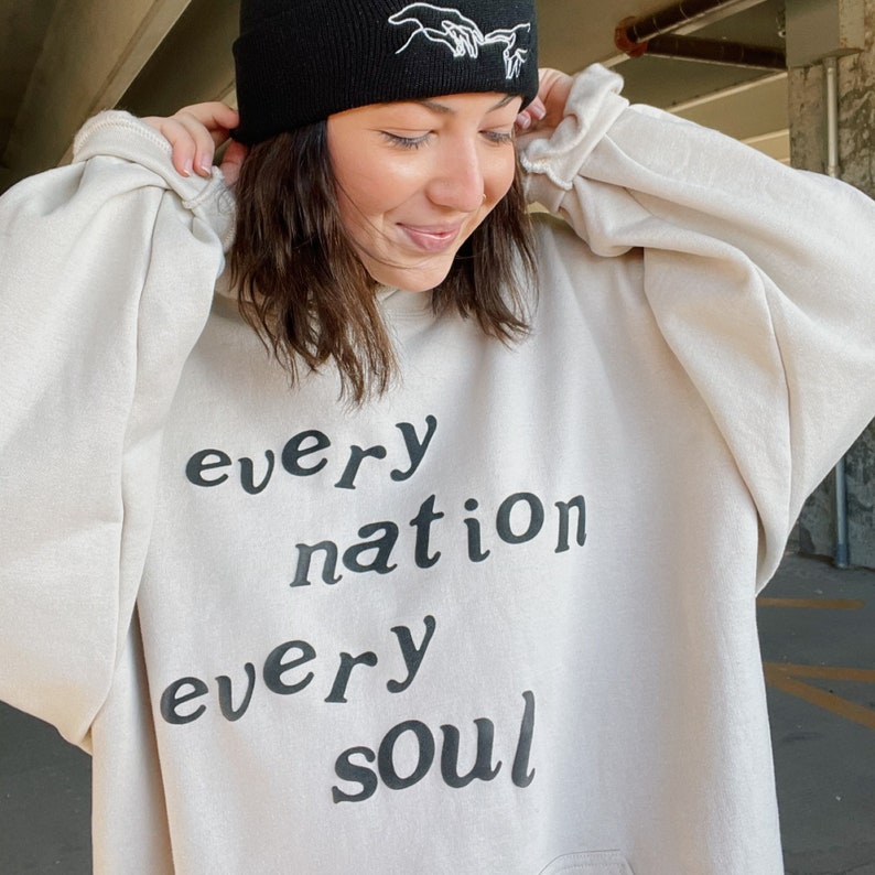 Every Nation Every Soul Puff-print Hoodie | Daniel 7:14 | Sand | - Etsy