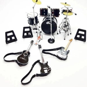 Miniature Drum Set D W Black + 3 Guitars With Strap Mic Scale 1/12 Gift ...