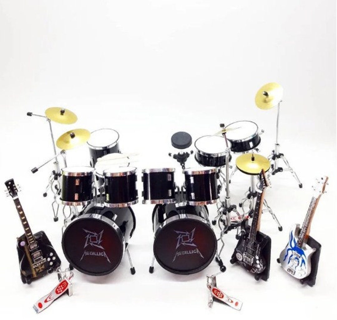 Miniature Drum Set Double Bass Black Rock + 3 Guitar Scale 1/12 ...